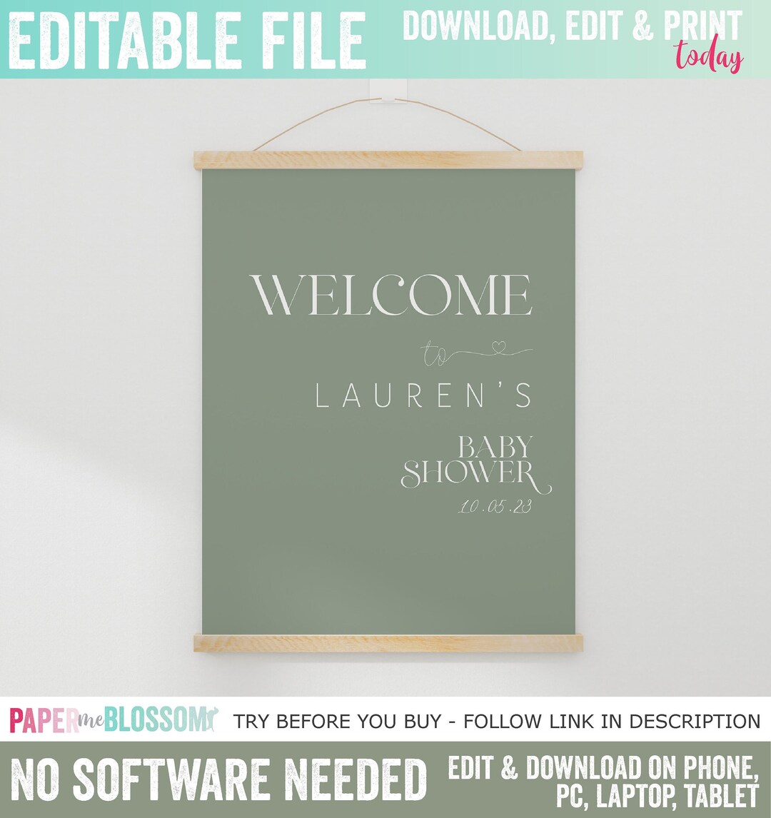 EDITABLE Sage Green Baby Shower Welcome Poster - Sage Green Minimalist ...