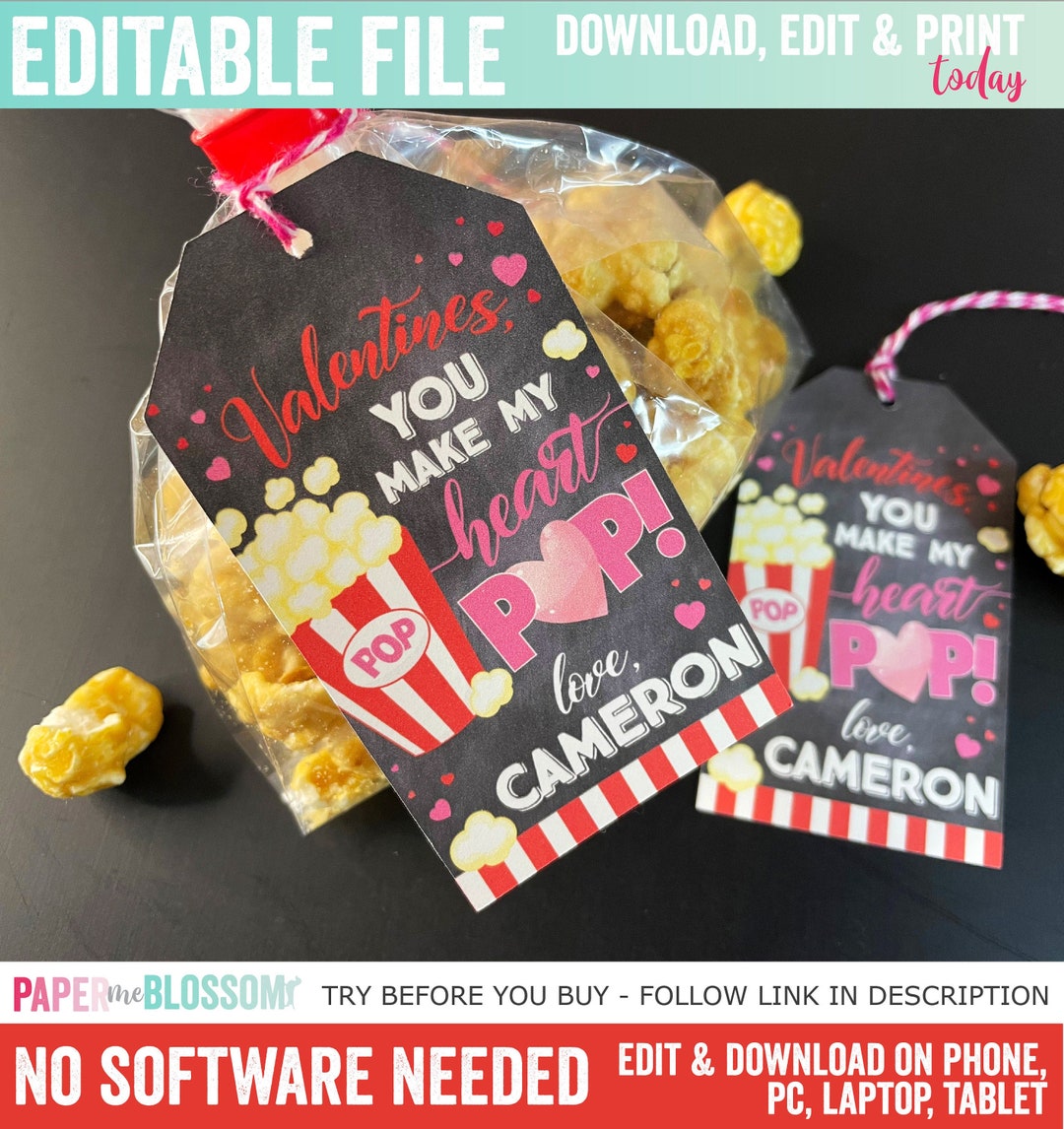 EDITABLE Valentines, You Make My Heart POP Valentines Day Kids Gift Tag ...