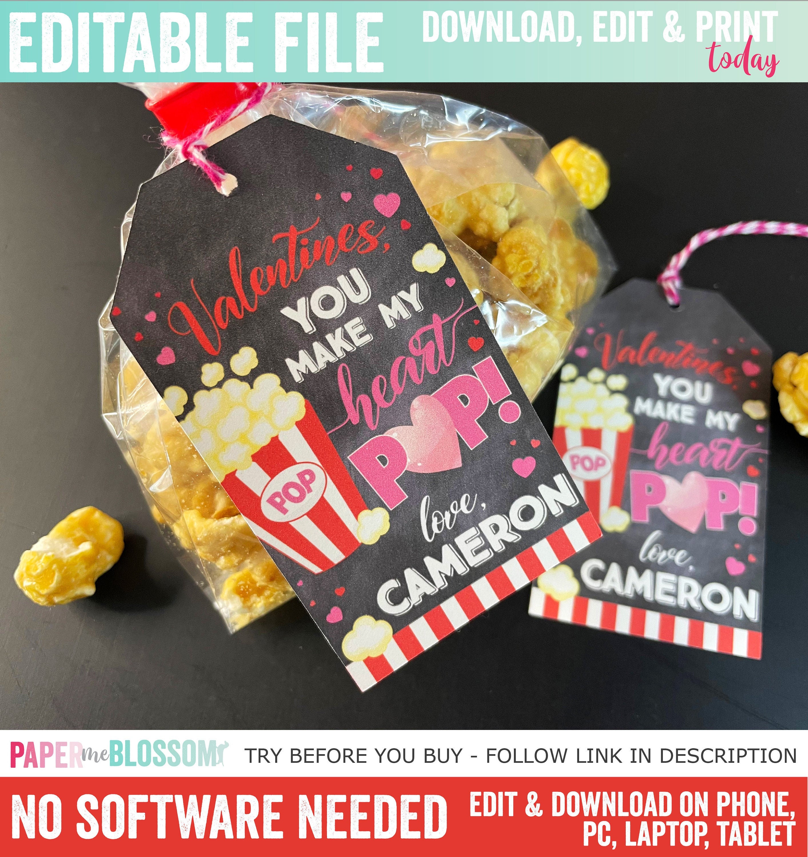 EDITABLE Valentines, You Make My Heart POP Valentines Day Kids Gift Tag ...