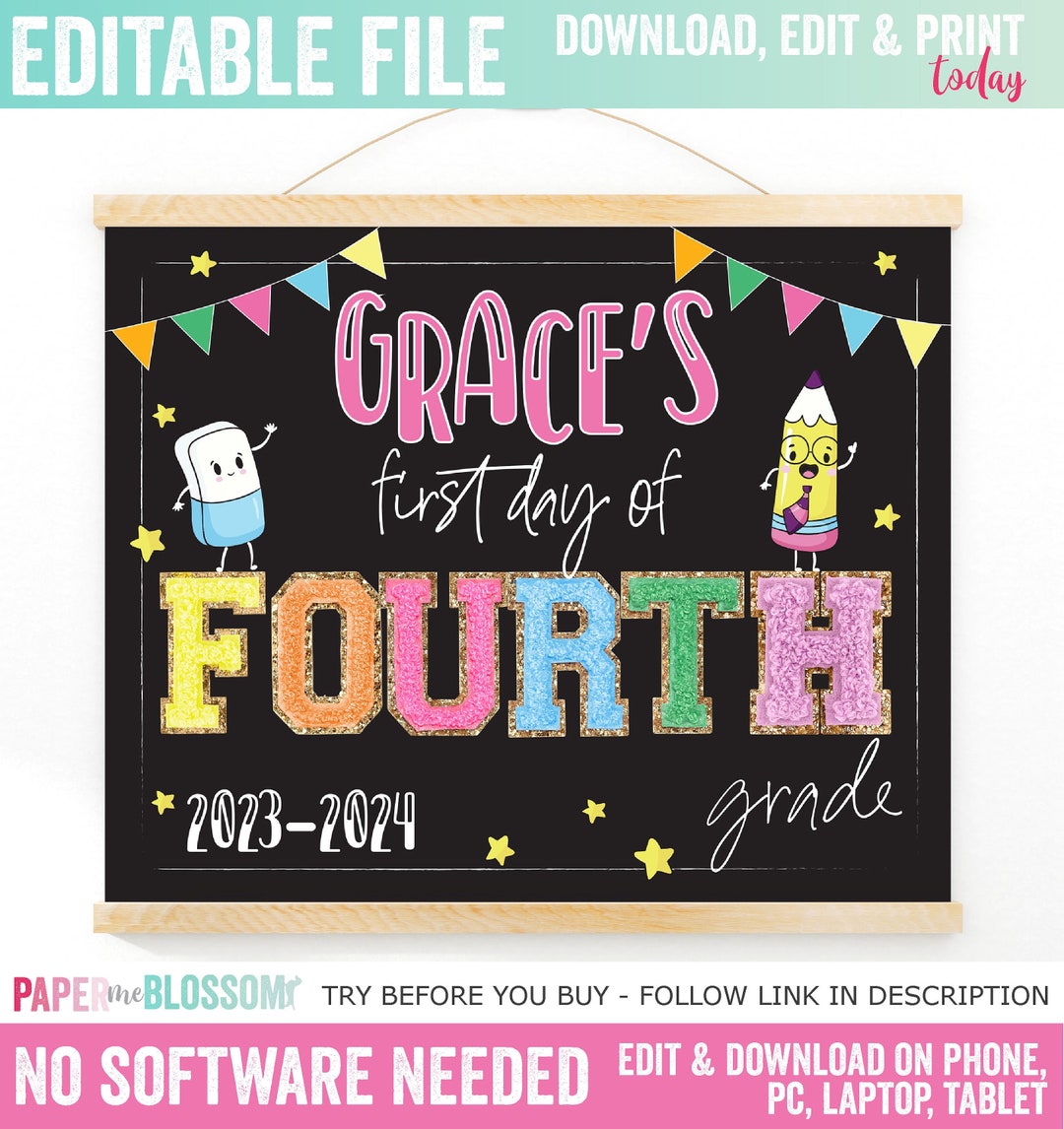 EDITABLE First Day of School FOURTH GRADE Custom Sign/back to School ...
