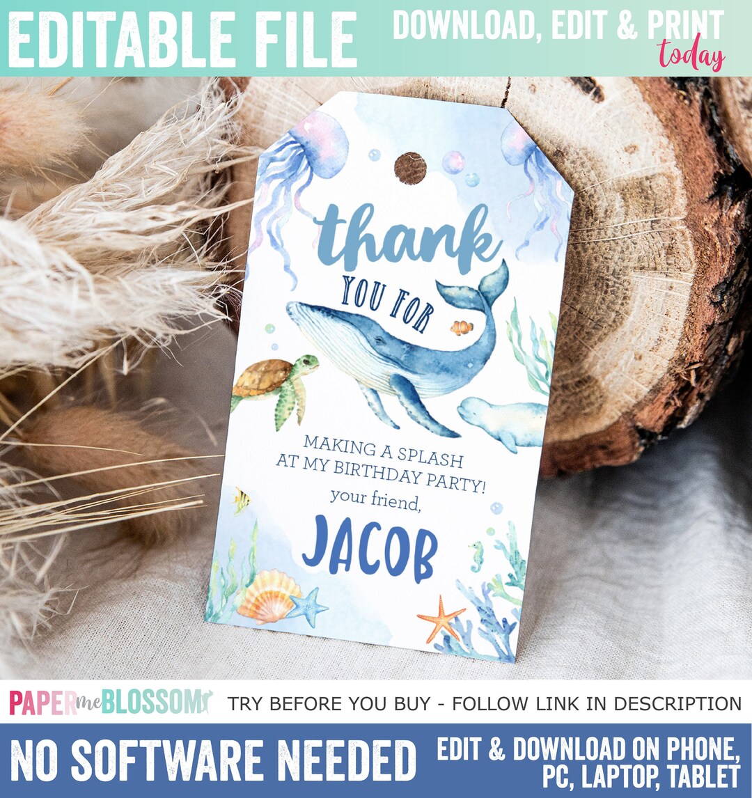 EDITABLE Ocean One-der the Sea Favor Thank You Gift Tag - Under the Sea ...