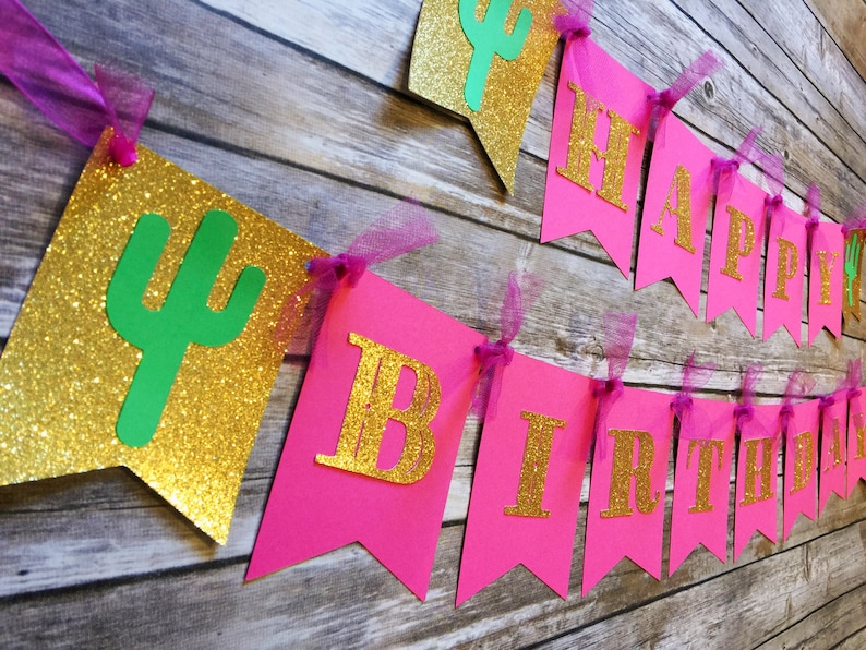 Fiesta Cactus Mexican Spanish Style Birthday Banner - Gold Glitter ...