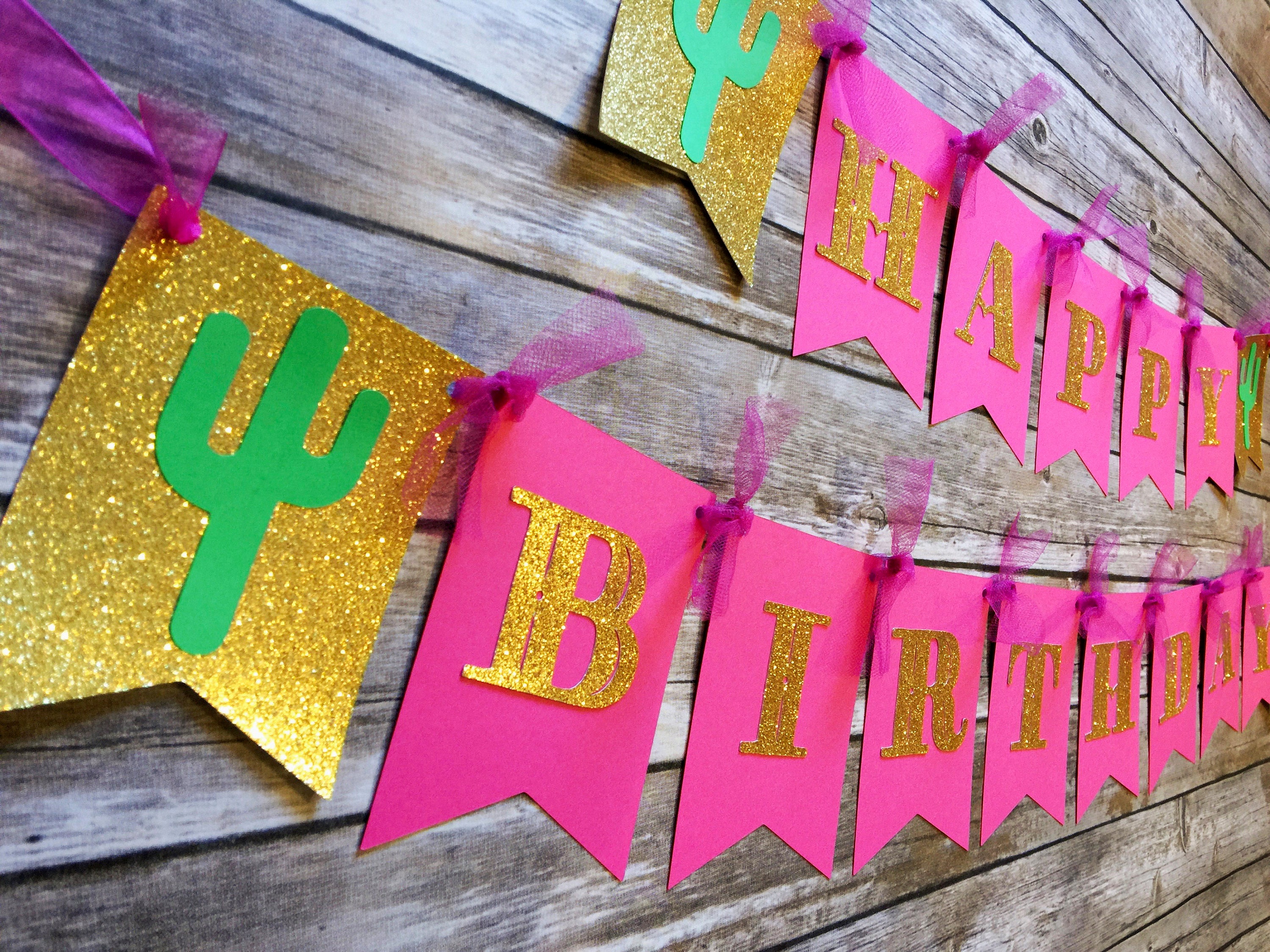 Fiesta Cactus Mexican Spanish Style Birthday Banner - Gold Glitter ...