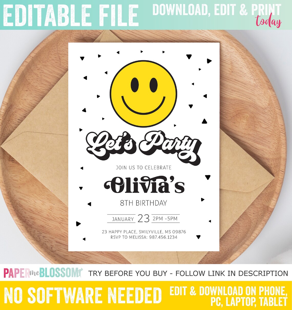 Editable Let's Party Retro Yellow Smiley Face Birthday Invitation ...