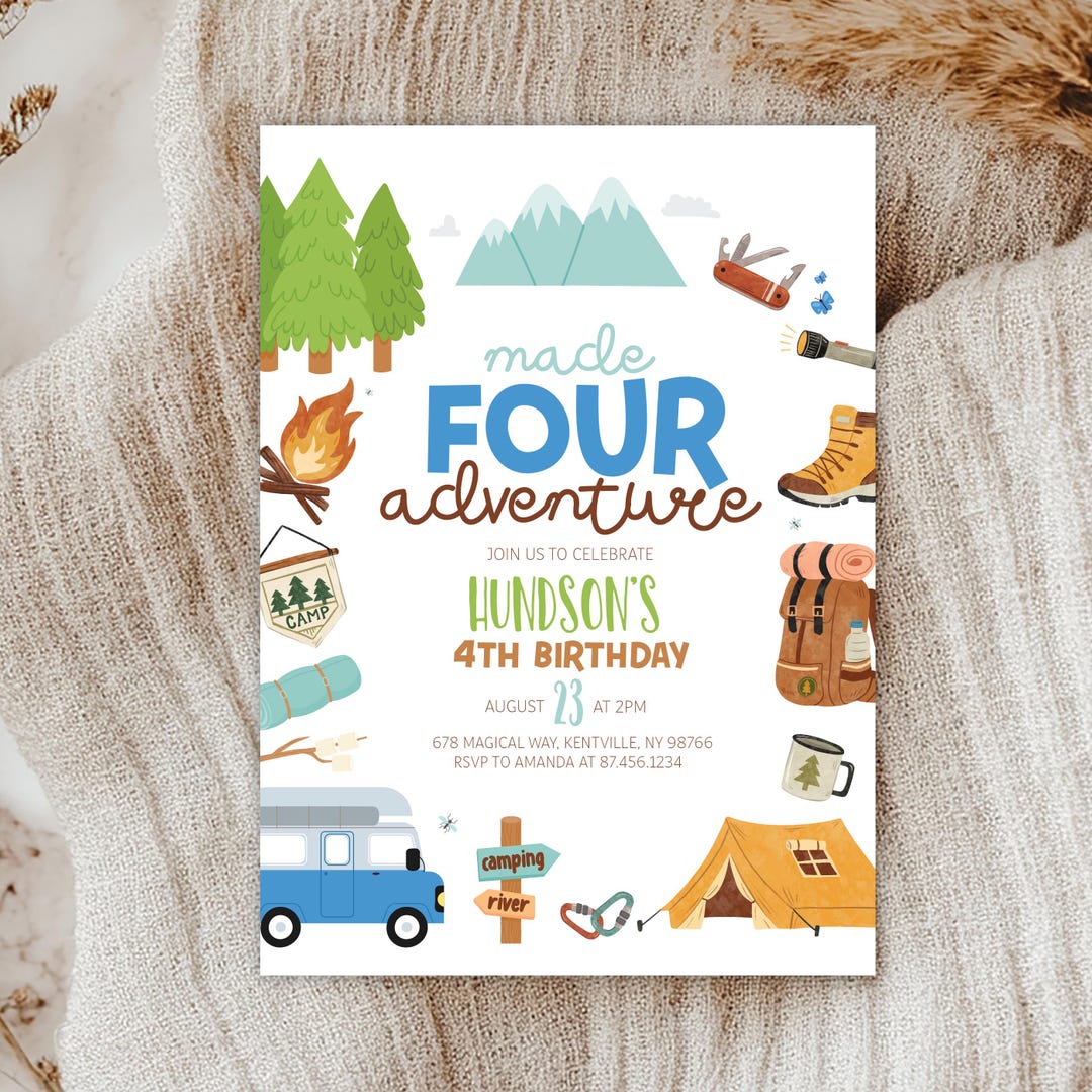 Editable Made Four Adventure Camper Birthday Invitation - Calling All ...