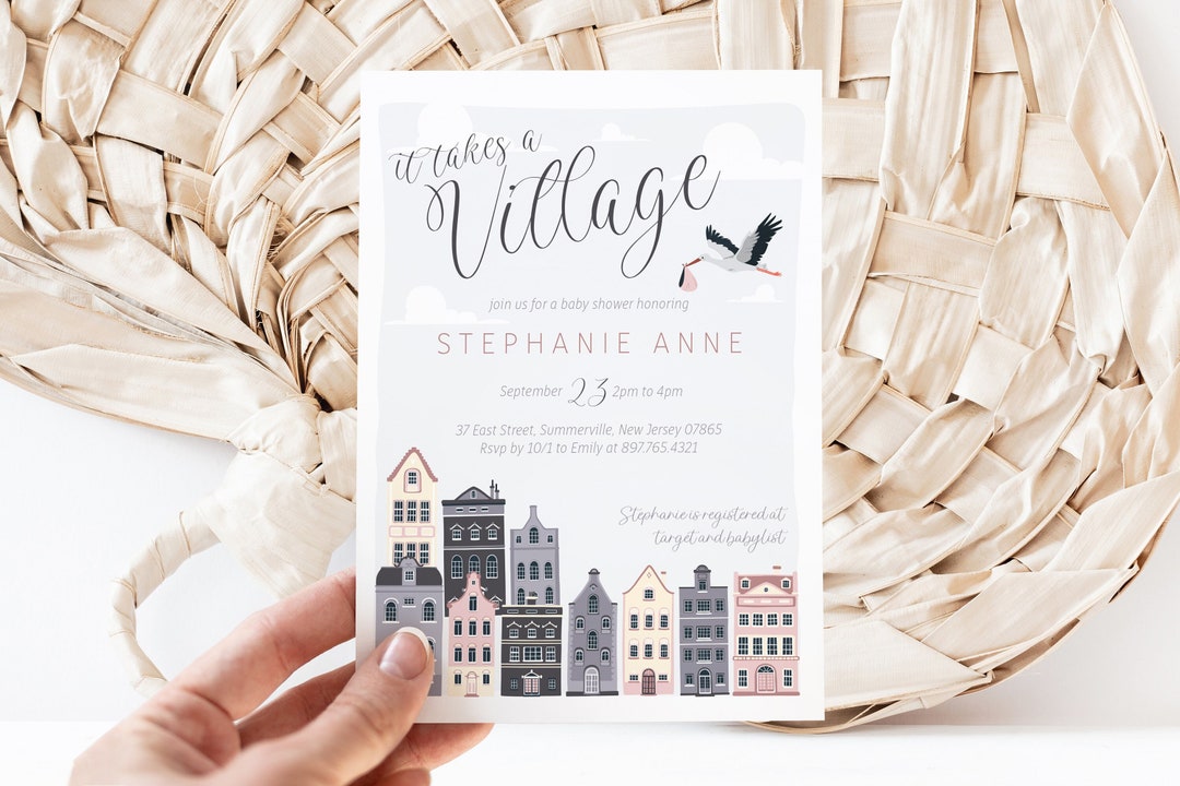 Editable It Takes a Village Baby Shower Invitation - Stork Baby Shower ...