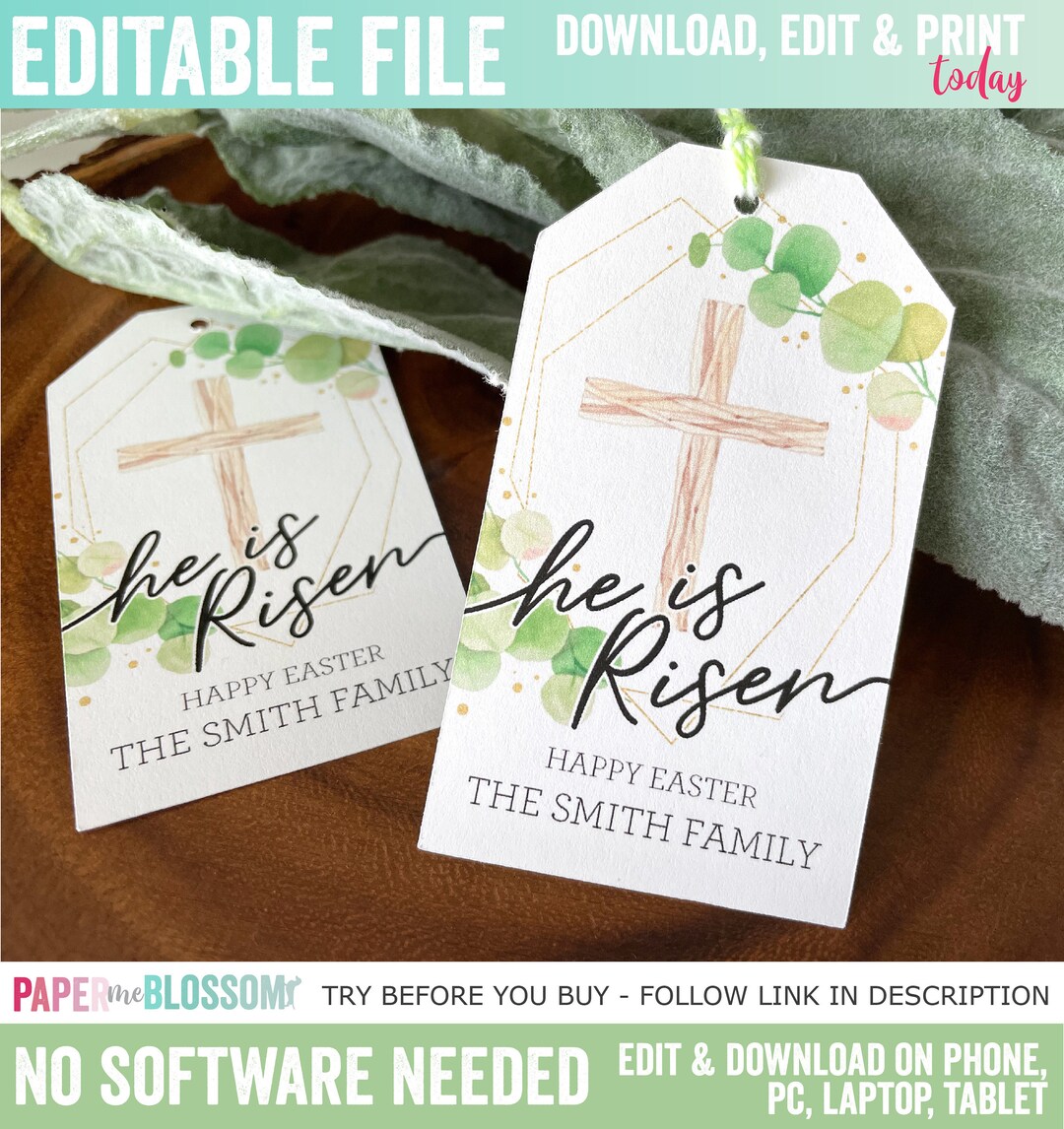 EDITABLE Easter He is Risen Cross Greenery Gift Tag - Customizable ...