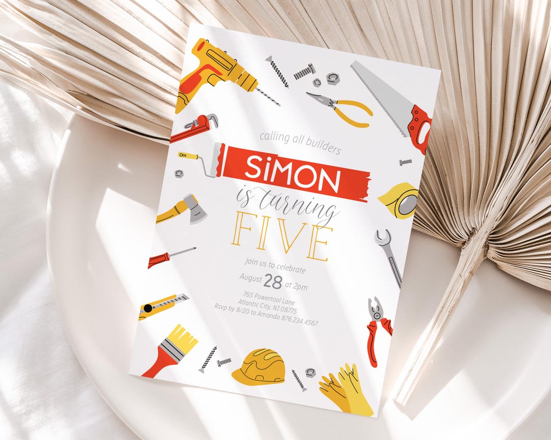 Editable Boys Tools Birthday Invitation -handyman Red and Yellow ...