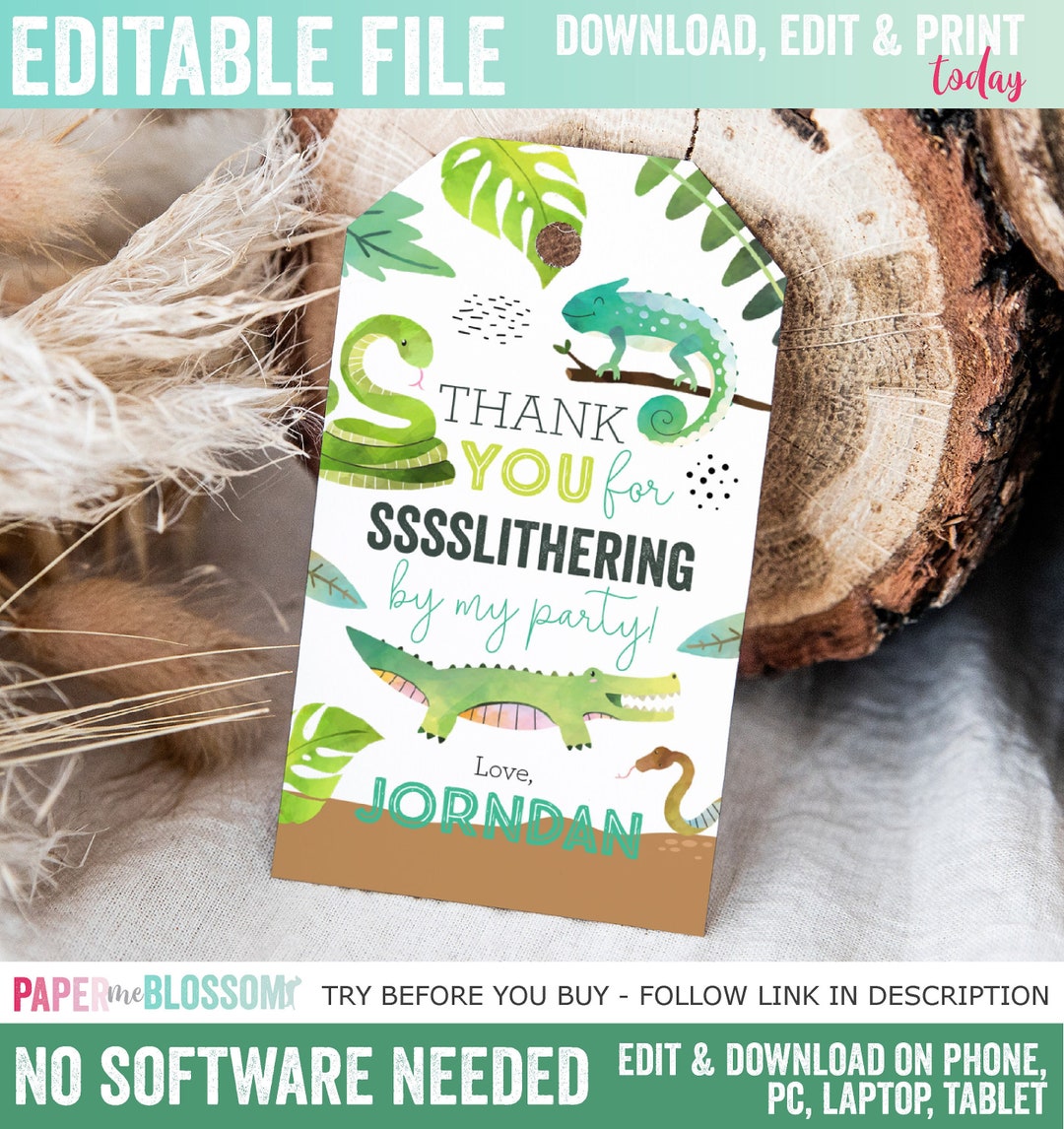 EDITABLE Hop Creep and Slither Reptile Favor Thank You Gift Tag ...