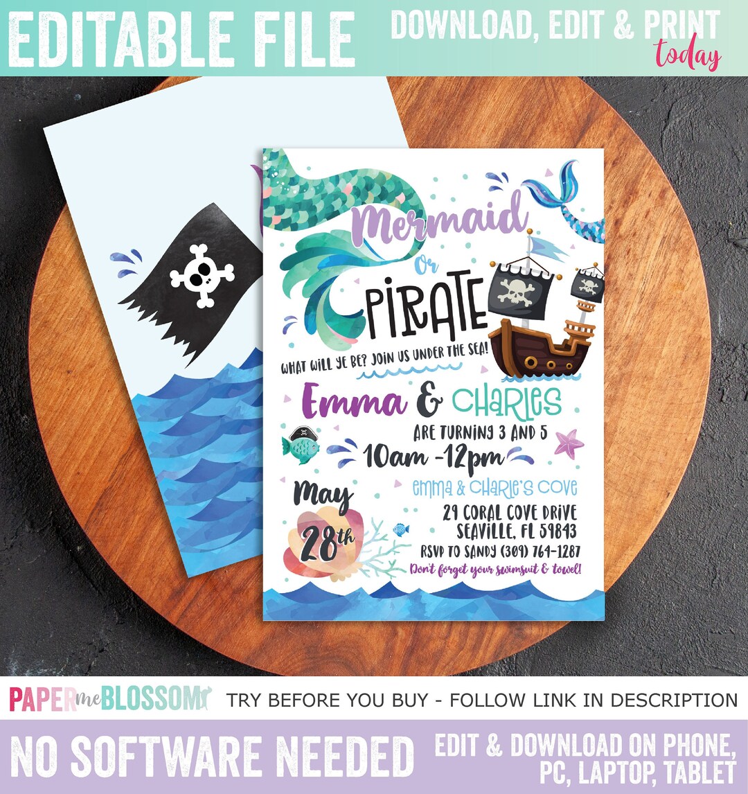 Editable Calling All Pirates & Mermaids Party Birthday Invitation ...