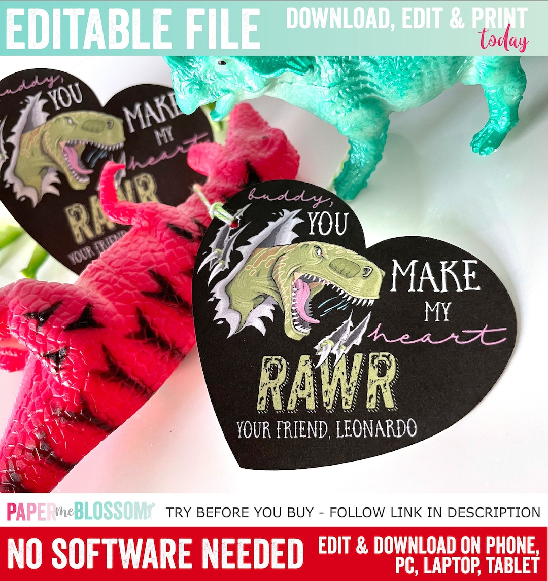 EDITABLE Dinosaur Valentines Day Kids Gift Tag - Buddy, You Make My ...