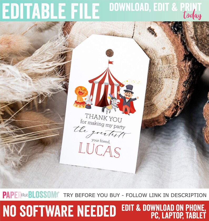 EDITABLE Circus Birthday Favor Thank You Gift Tag Come One - Etsy