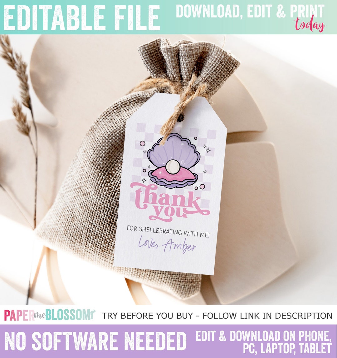 EDITABLE Retro Let's Shellebrate Sea Shell Mermaid Birthday Favor Thank ...