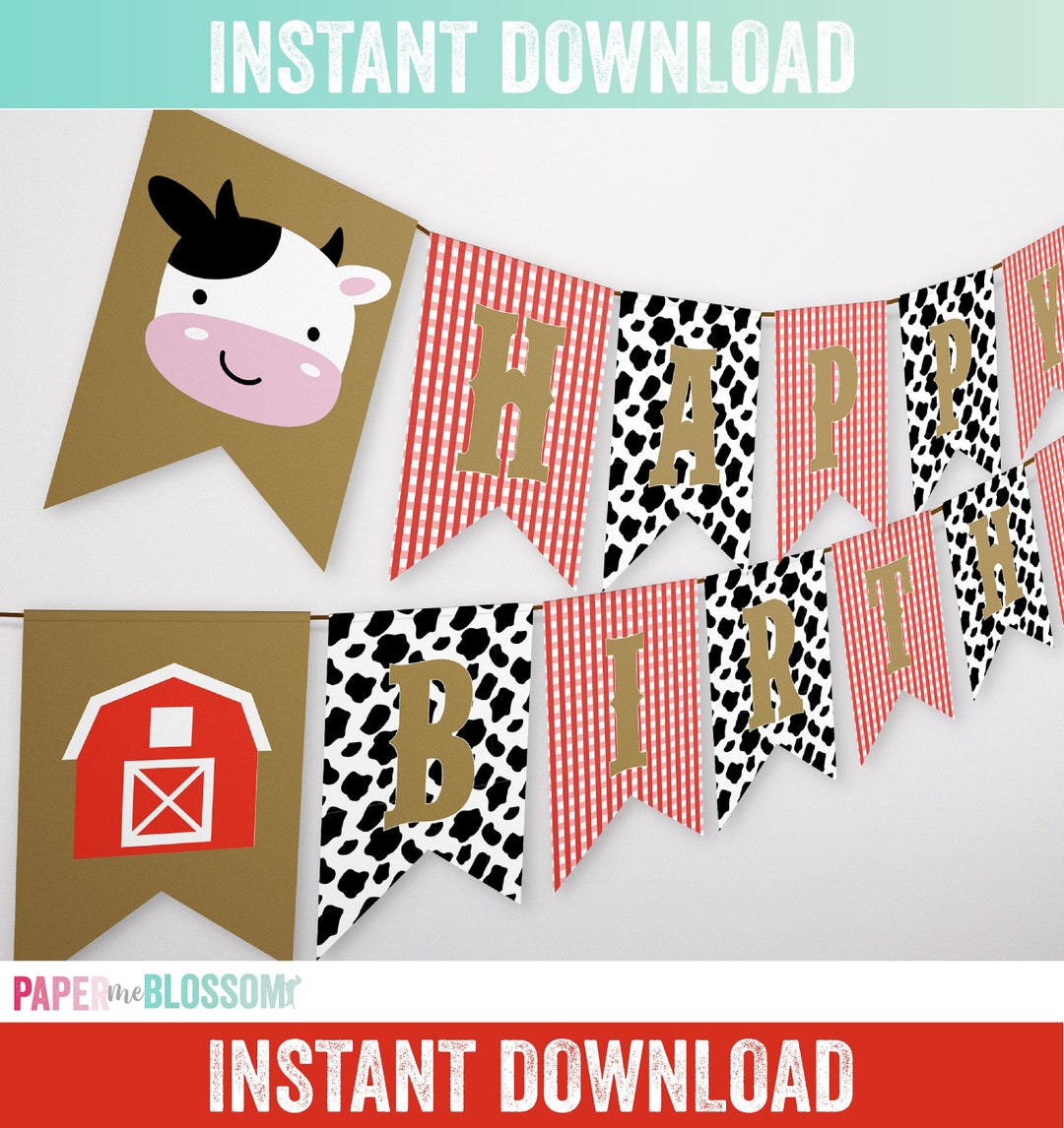 INSTANT DOWNLOAD Farm Barnyard Animals Birthday Banner - Cow Print Red ...