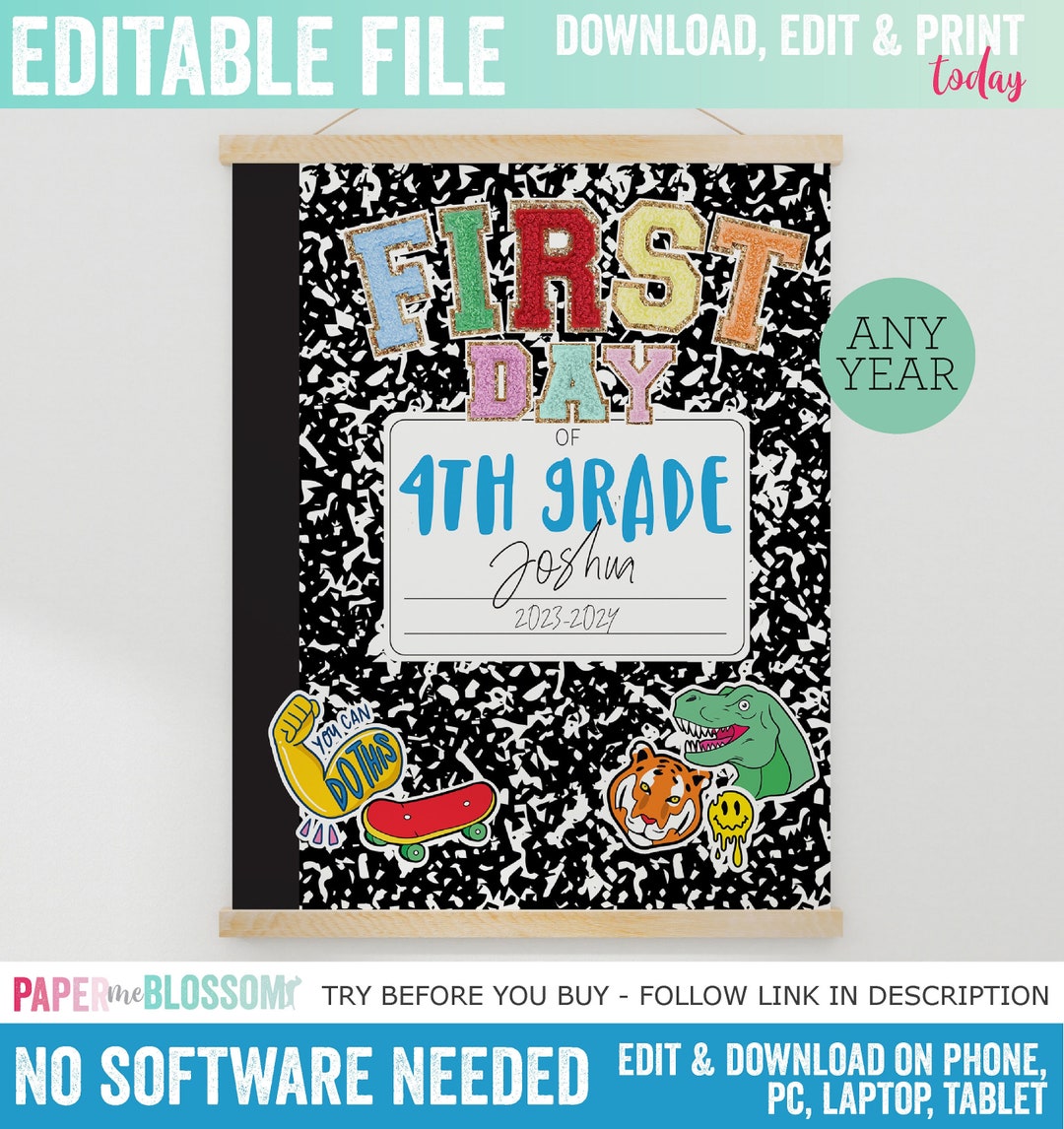 EDITABLE First Day of School ANY GRADE Custom Sign - Boy Composition ...