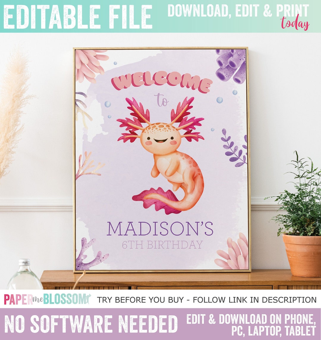 EDITABLE Axolotl Pink & Purple Gir Welcome Poster - Whole Lotl Fun ...