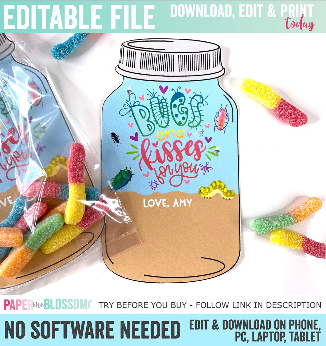 EDITABLE Bugs and Kisses Valentines Day Kids Gift Tag - Valentines ...