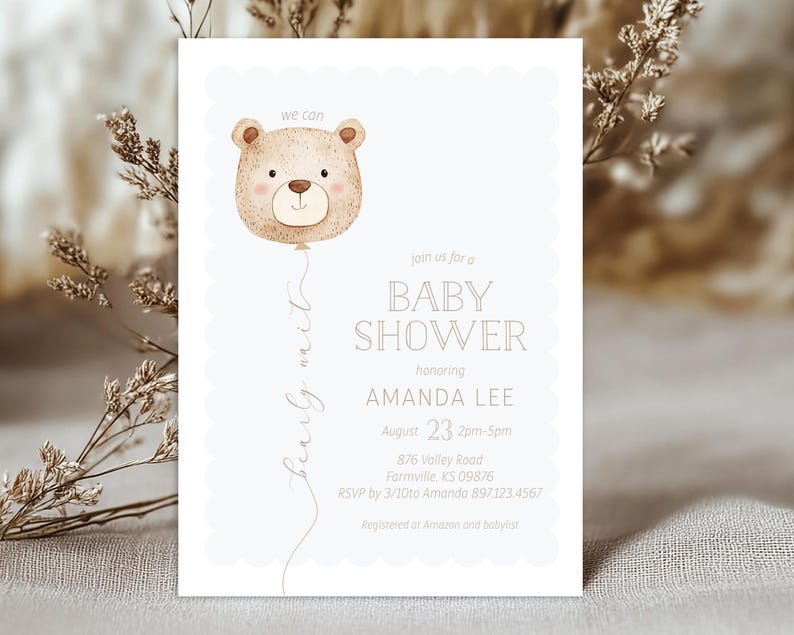 Editable We Can Bearly Wait Teddy Bear Balloon Baby Shower Diaper ...