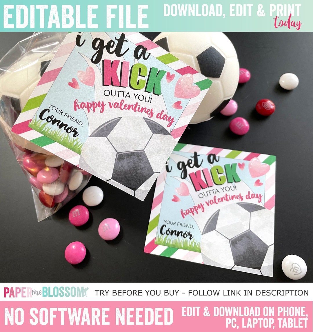 EDITABLE Valentines, Soccer Football I Get a Kick Outta You Valentines ...