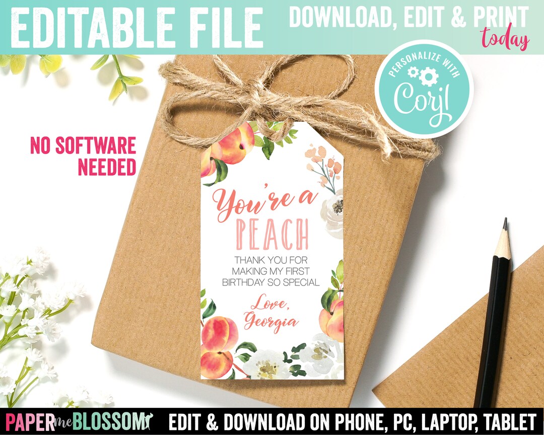 Sweet as a Peach Floral Editable Favor Thank You Gift Tag ...