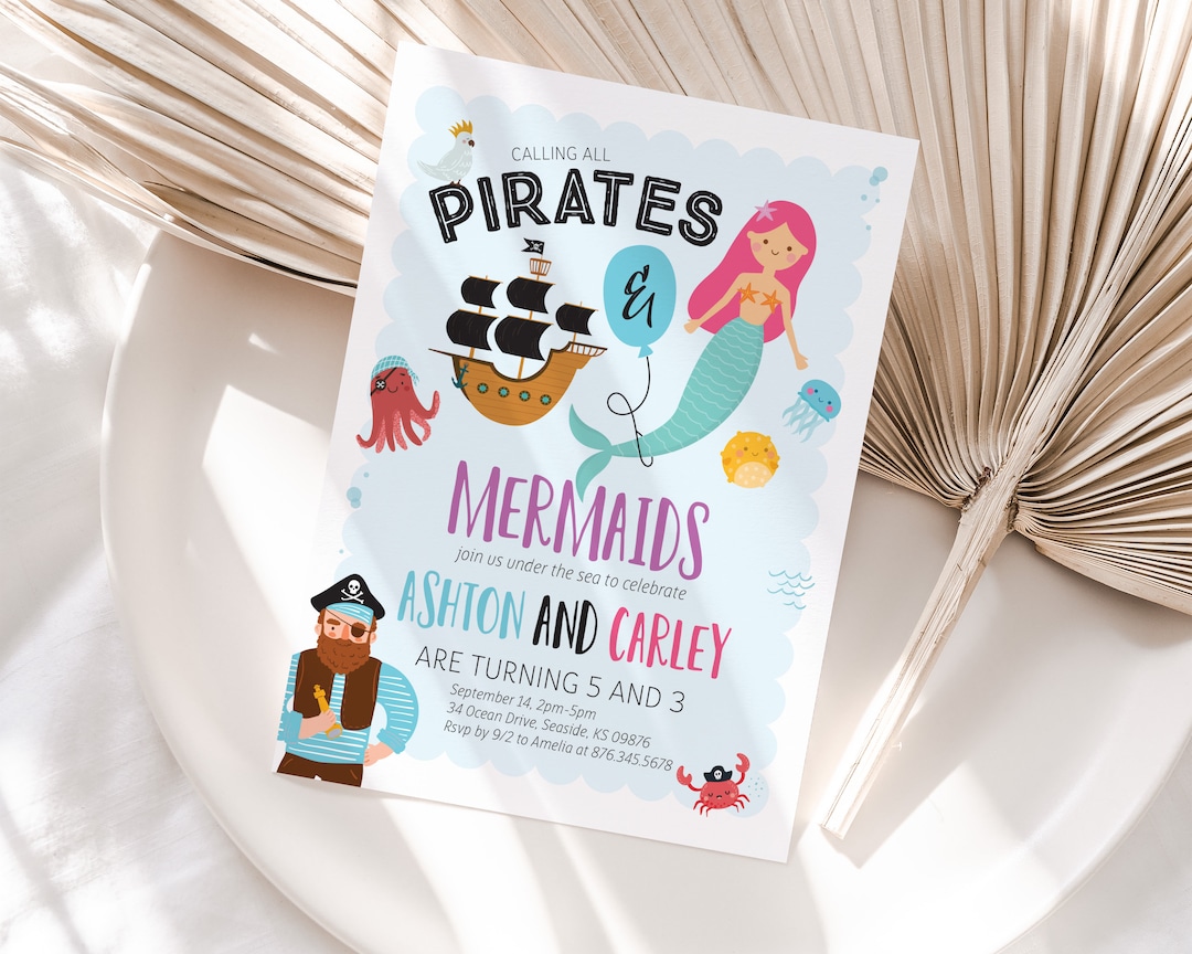 Editable Calling All Pirates & Mermaids Party Birthday Invitation ...