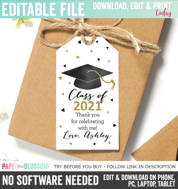 EDITABLE Gold Glitter Graduation Favor Thank You Gift Tag - Etsy