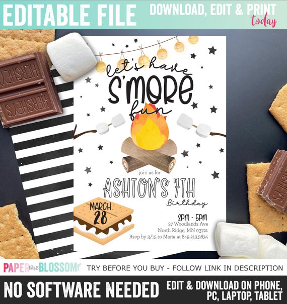 EDITABLE Let's Have S'more Fun Party Invitation | Etsy