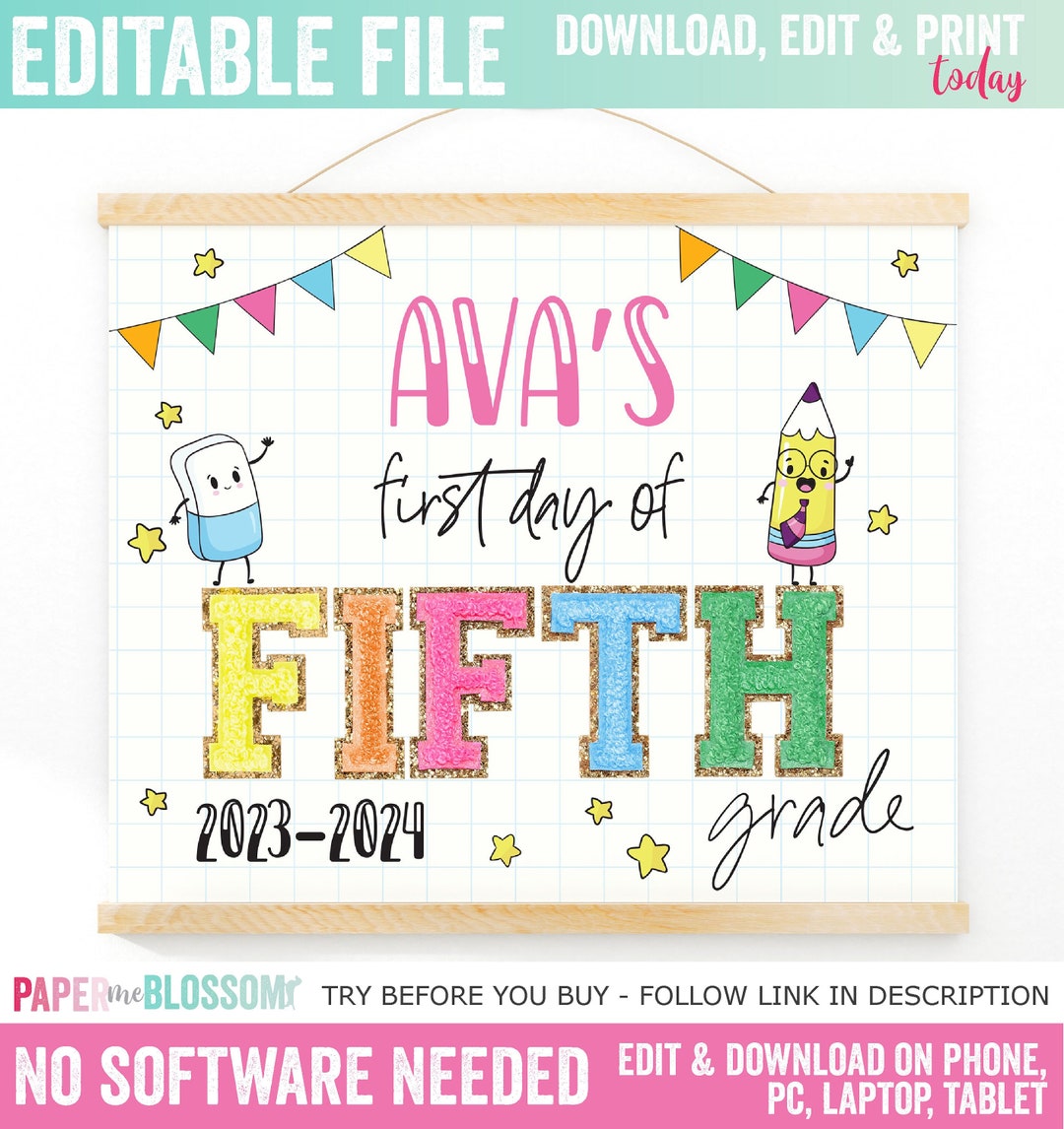 EDITABLE First Day of School FIFTH GRADE Custom Sign/back to School ...