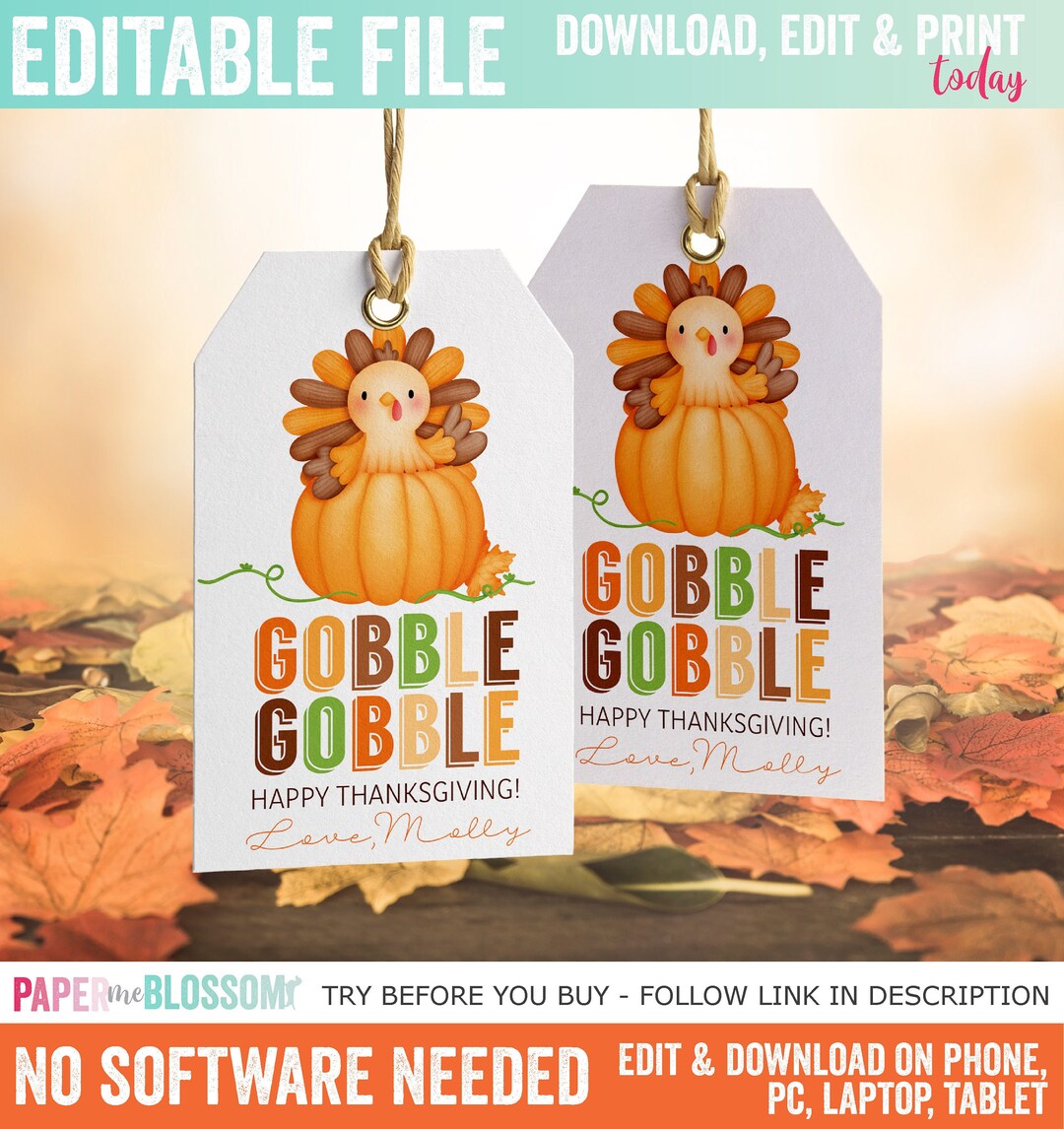 Gobble Gobble Happy Thanksgiving Gift Tag - Turkey Pumpkin ...