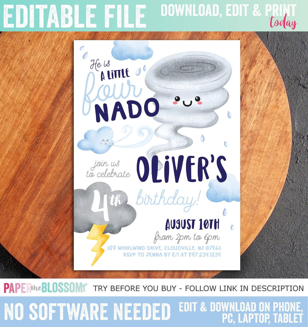 Editable Four-nado Tornado Birthday Invitation - Storm Chaser Two-nado ...