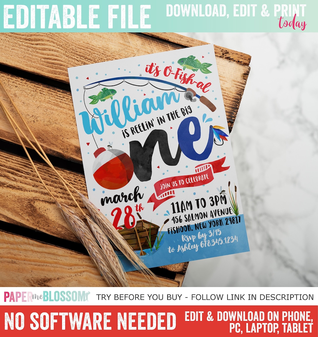 Editable It's O-fish-al First Birthday Fishing Birthday Invitation ...