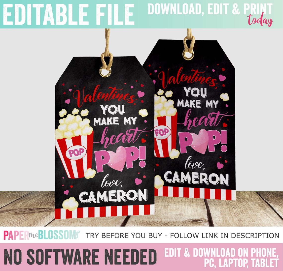EDITABLE Valentines, You Make My Heart POP Valentines Day Kids Gift Tag ...