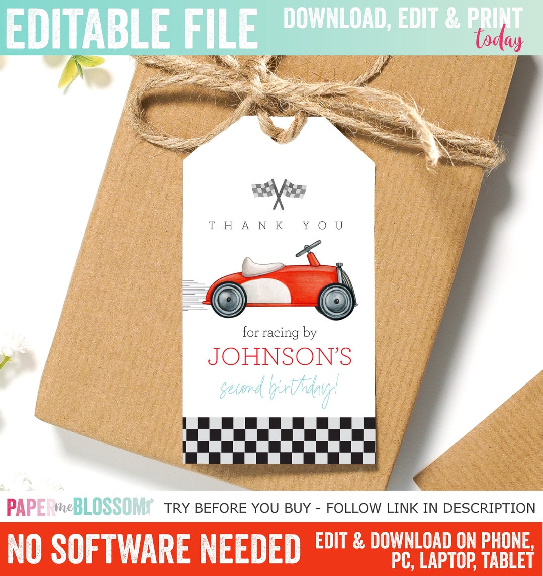 Editable Two Fast Racing Car Thank You Favor Tag - Red Car Racing Boy ...