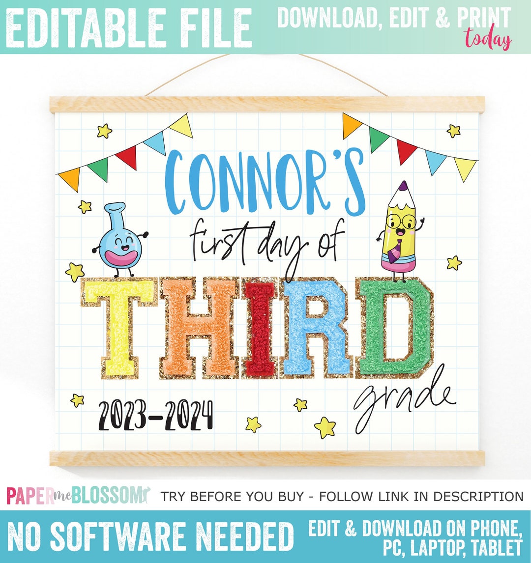 EDITABLE First Day of School THIRD GRADE Custom Sign/back to School ...