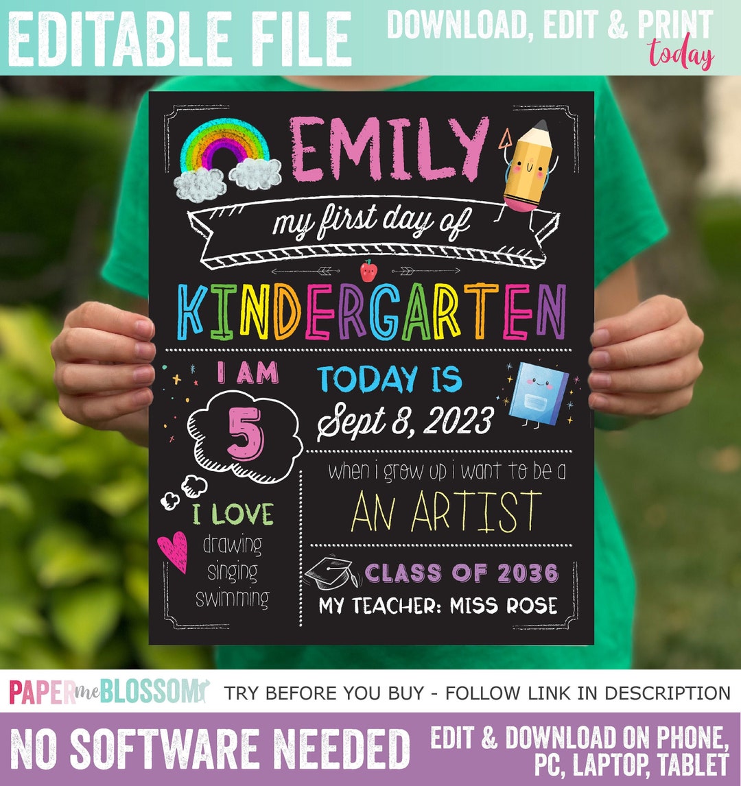 EDITABLE First Day of School Custom Sign - Back to School Chalkboard ...