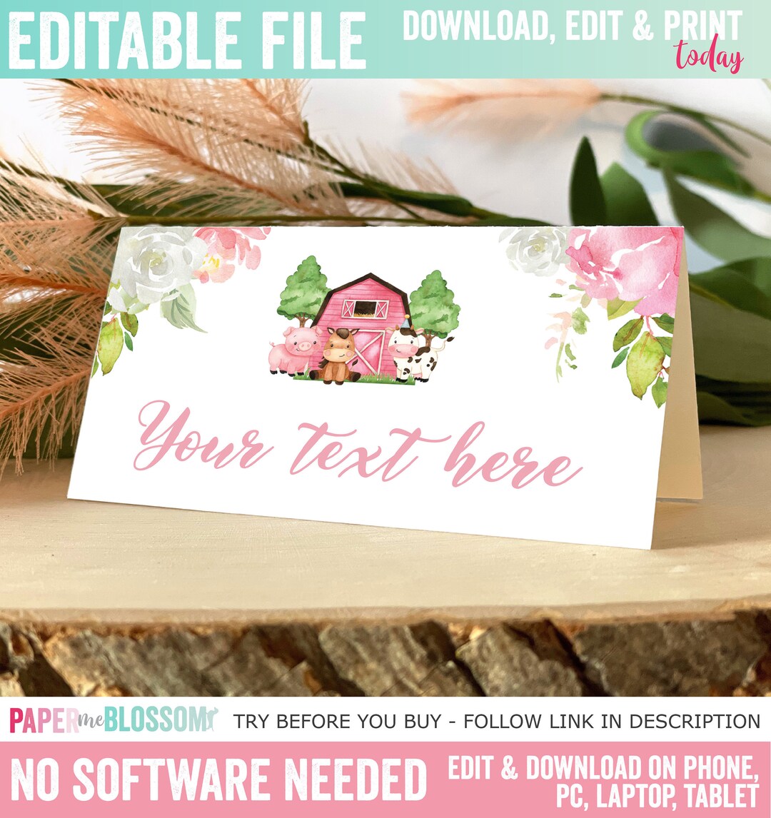 EDITABLE Farm Barn Animals Pink Floral Place Card - Girl Pink Farm ...