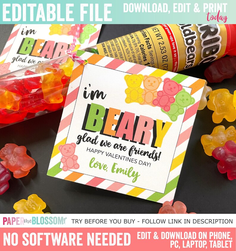 EDITABLE, Valentine, I'm Beary Glad We Are Friends - Gummy Bear ...