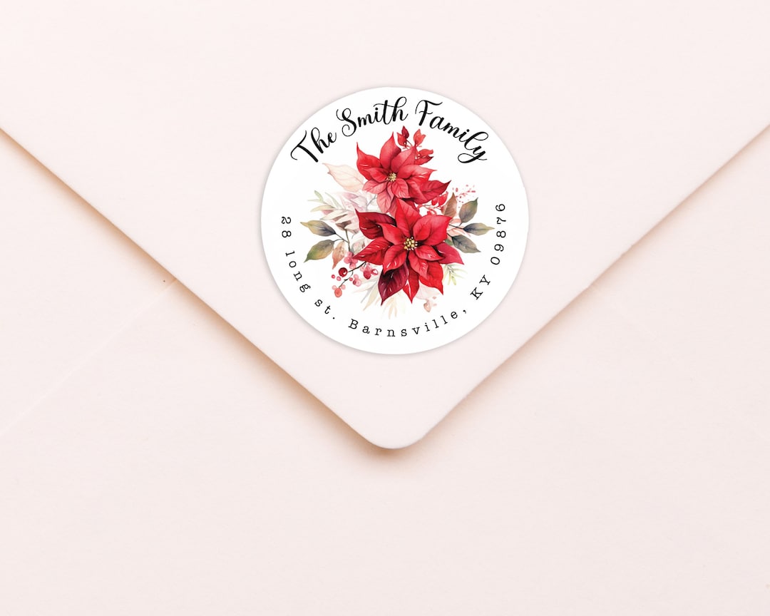 15 Custom Floral Poinsettia Envelope Return Label Sticker - Christmas ...