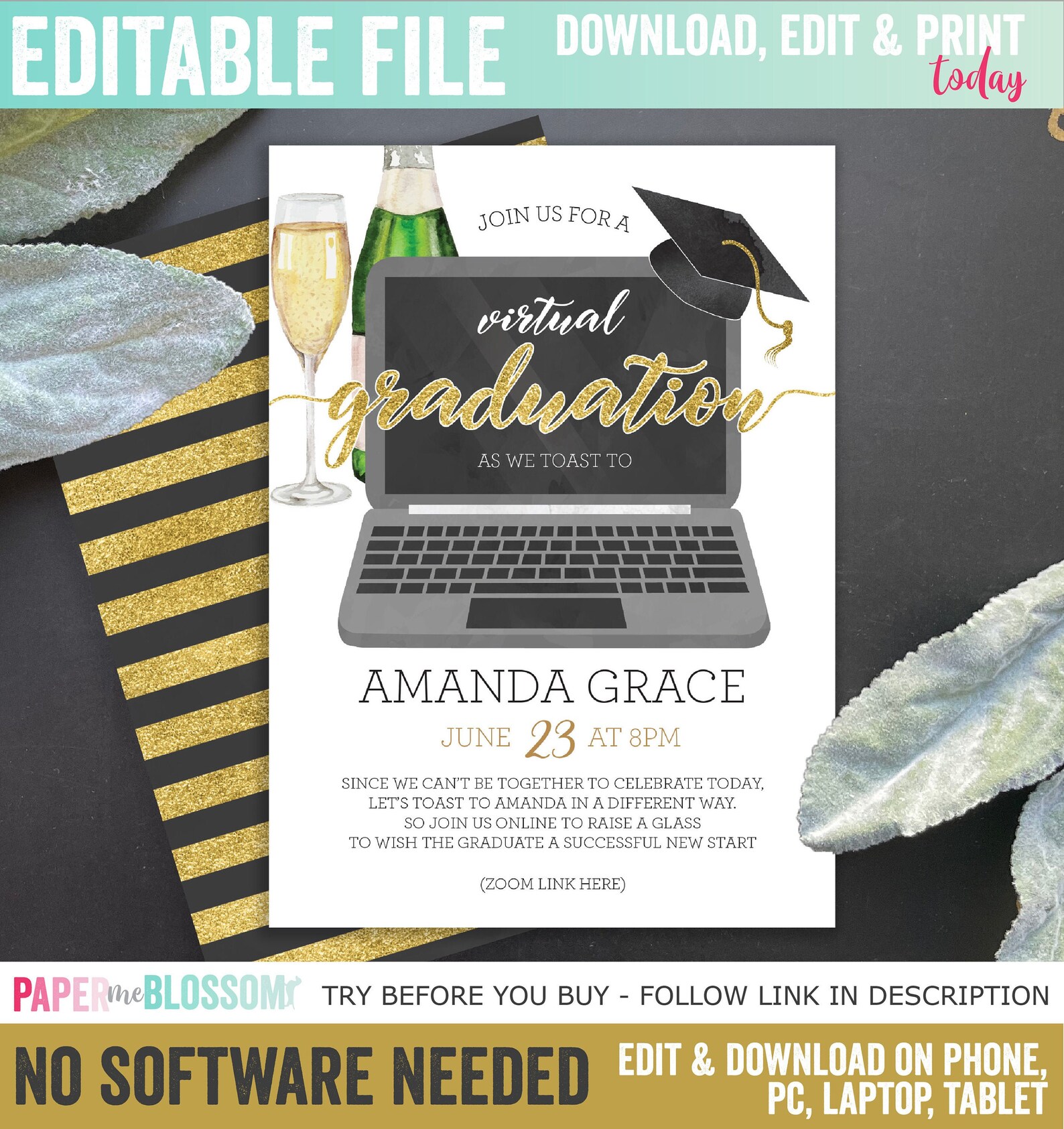 EDITABLE Virtual Graduation Party Invitation Let's Toast - Etsy