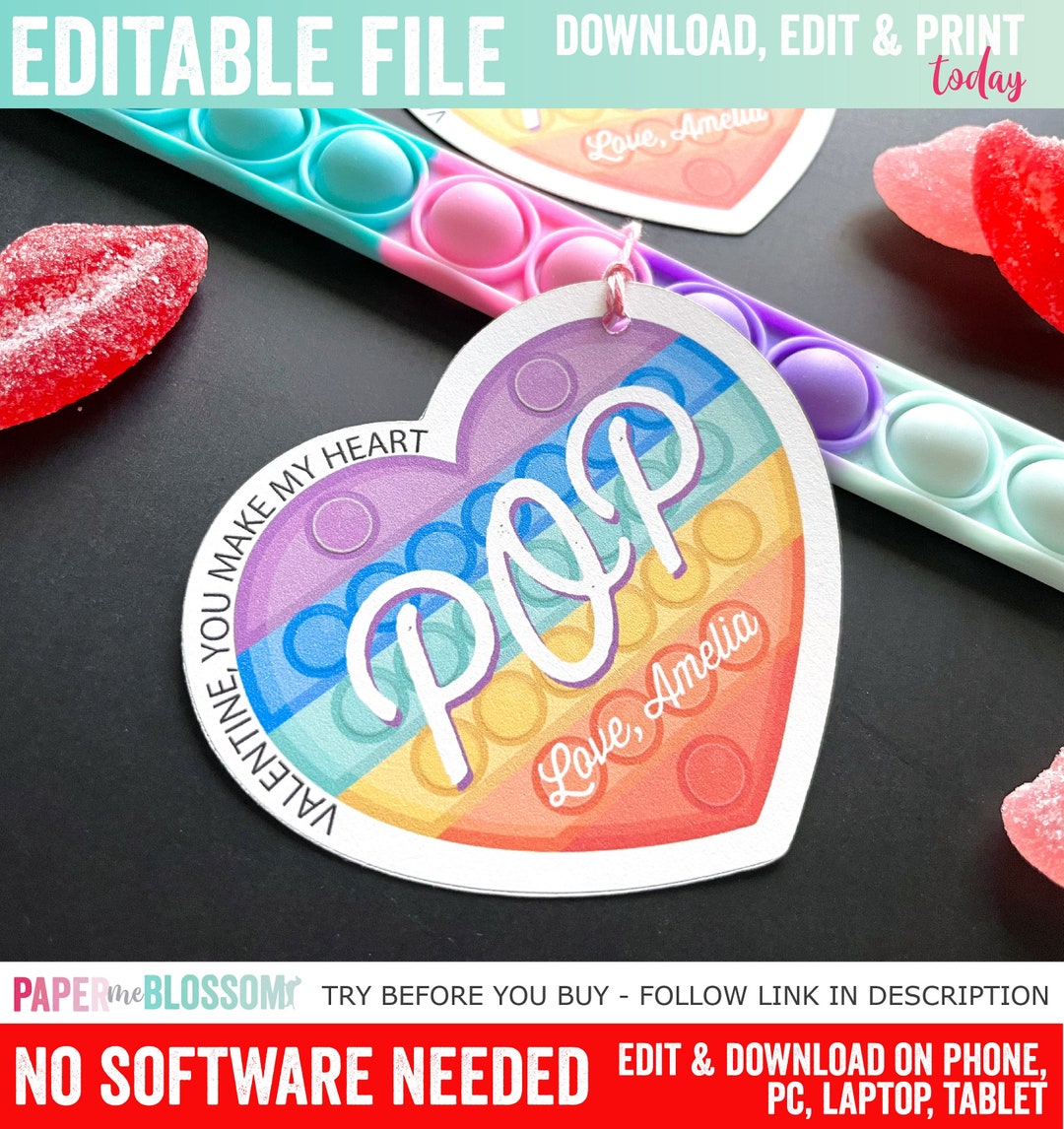 EDITABLE Valentines, You Make My Heart Pop Valentines Day Kids Gift Tag ...