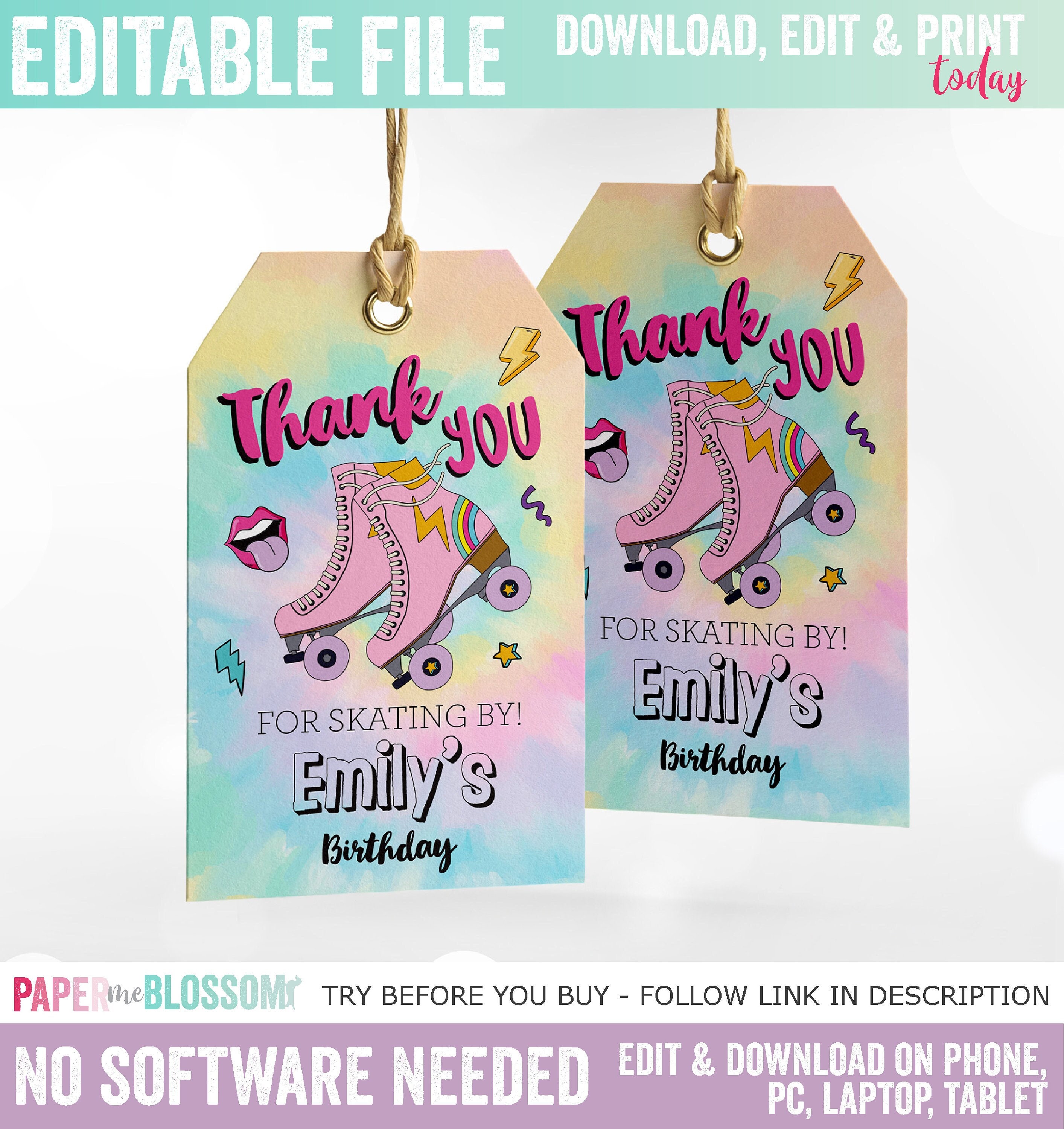 Editable Roller Skates Retro Let's Roll Thank You Favor Tag - Tie Die ...