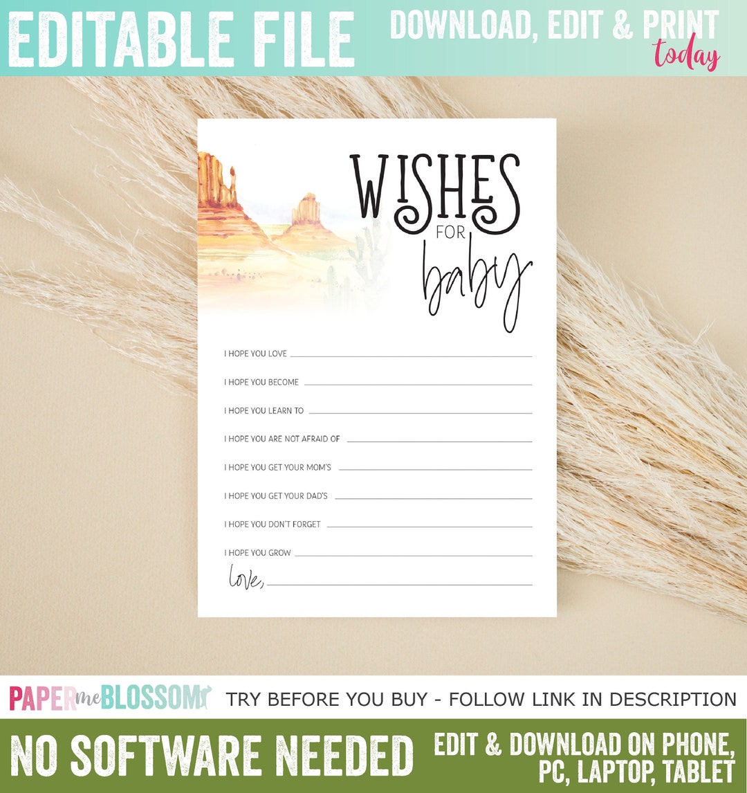 Editable Little Cowboy Baby Shower Wish Cards - Wild West Rodeo Wish ...