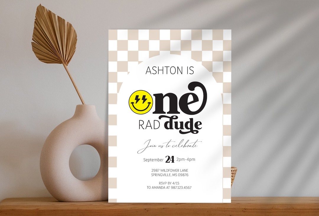 Editable Retro One Rad Dude Smiley Face Birthday Invitation - Retro ...