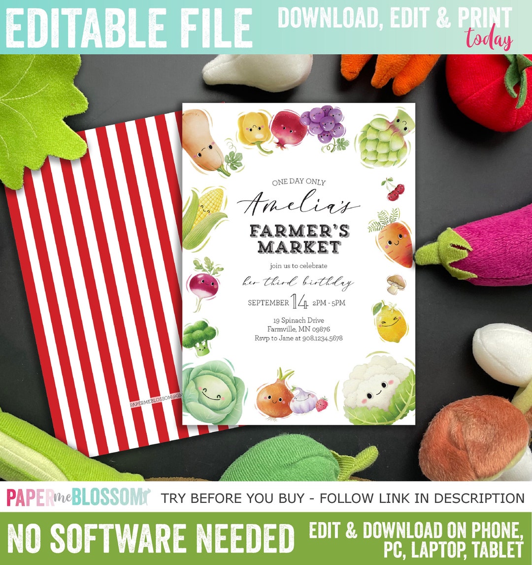 Editable Farmer's Market Birthday Invitation - Fruit and Vegetable ...