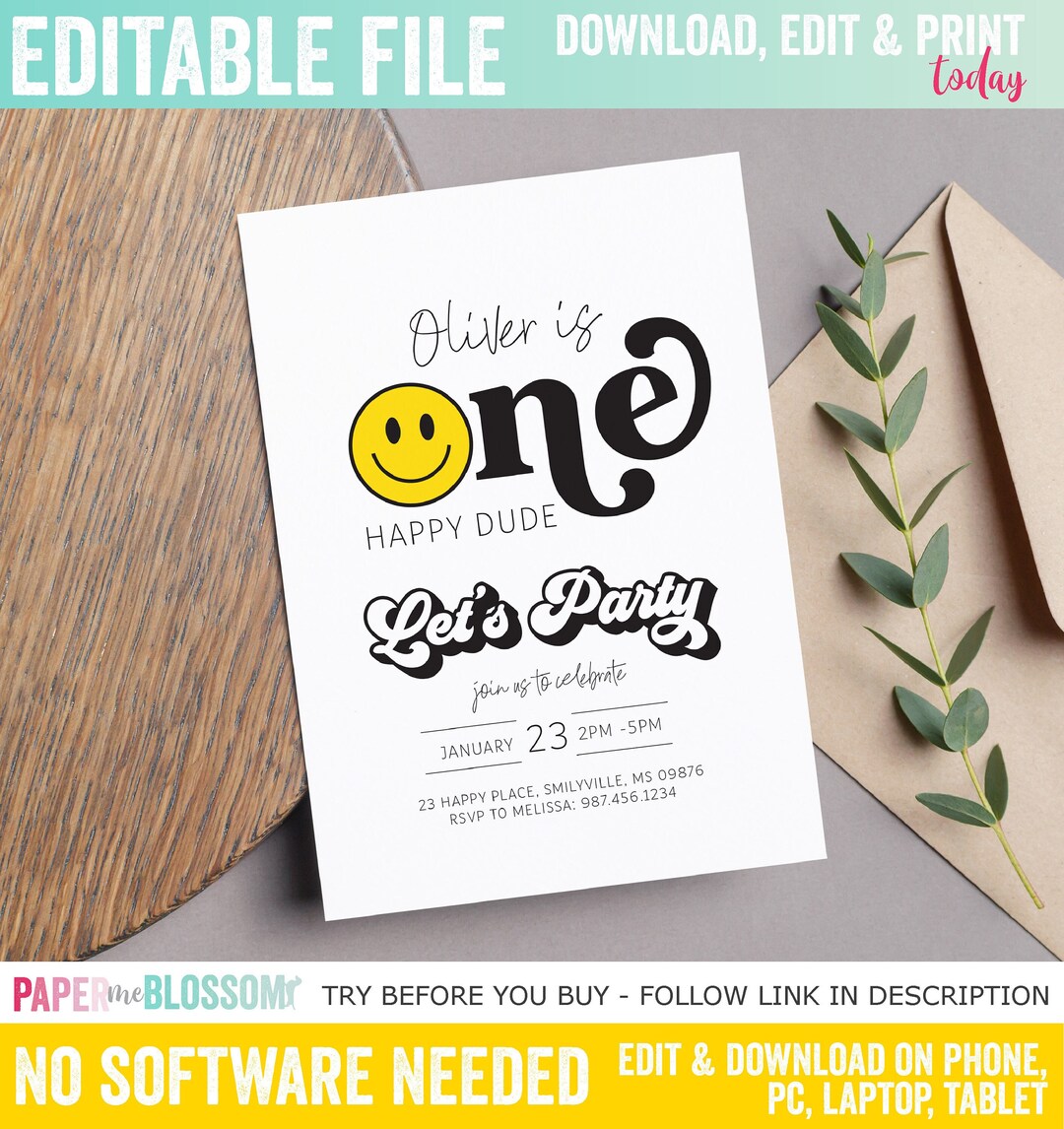 Editable One Happy Dude Retro Smiley Face Birthday Invitation-retro ...