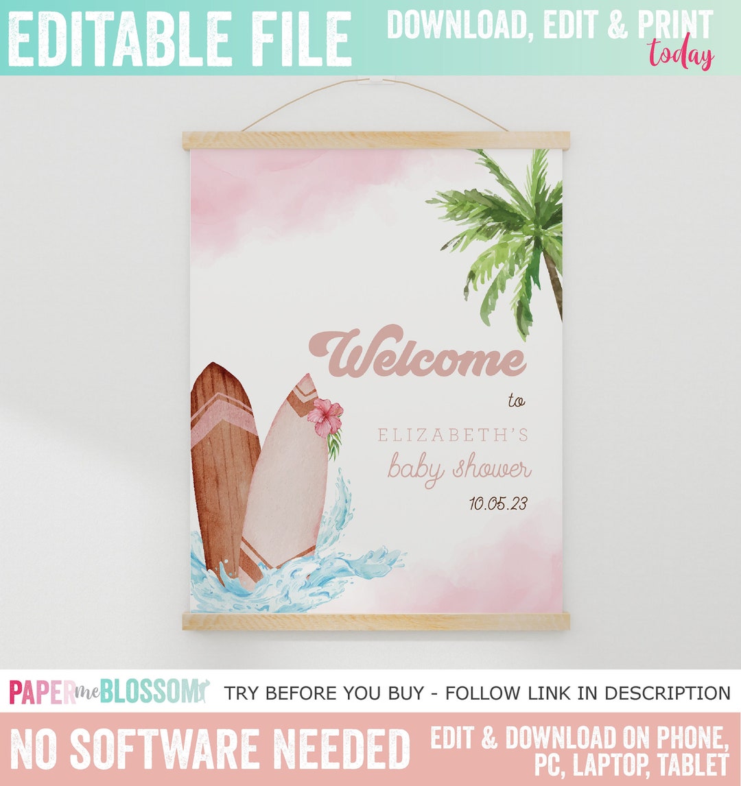 EDITABLE Baby on Board Pink Girl Surfing Baby Shower Welcome Poster ...