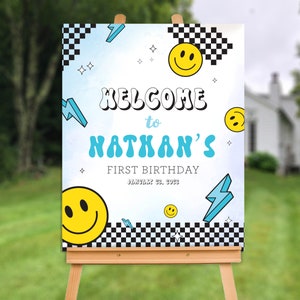 One Happy Dude Happy Birthday Banner - Smiley Face Retro Groovy ...