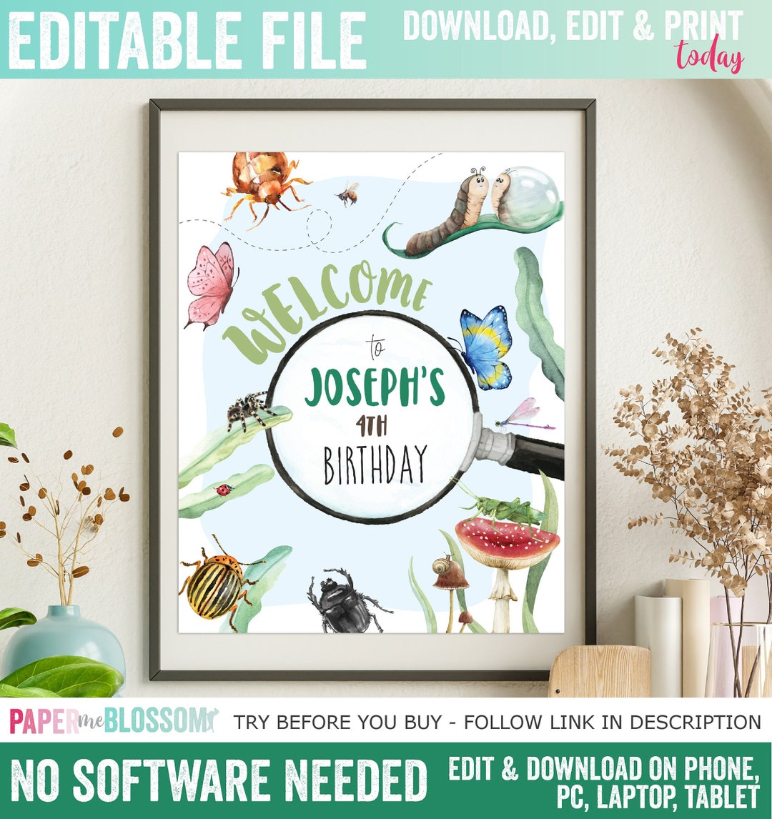EDITABLE Buzz Hop Crawl Bug Birthday Welcome Poster - Insect Nature ...