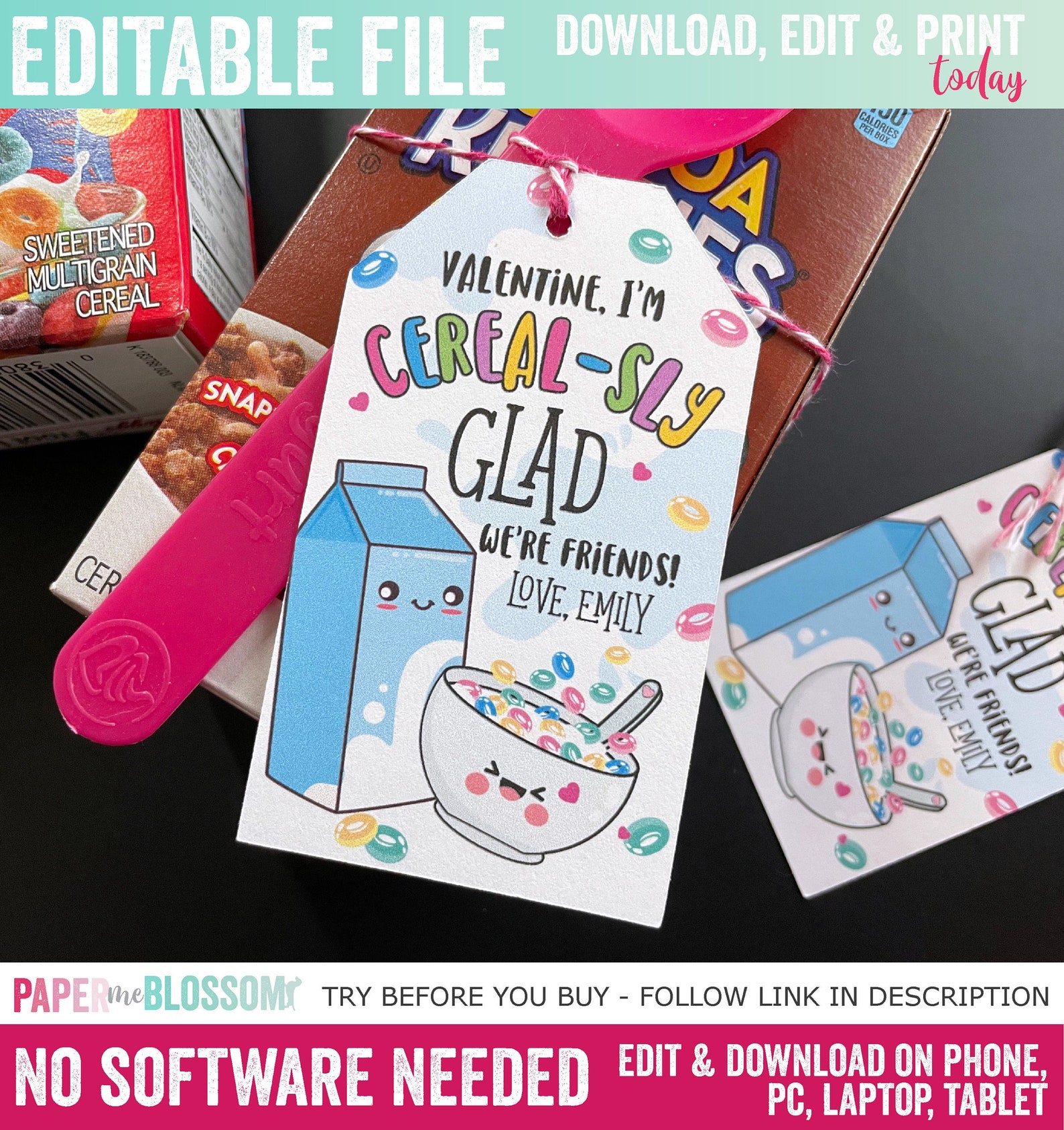 EDITABLE Cereal Valentines Day Kids Gift Tag Valentines - Etsy