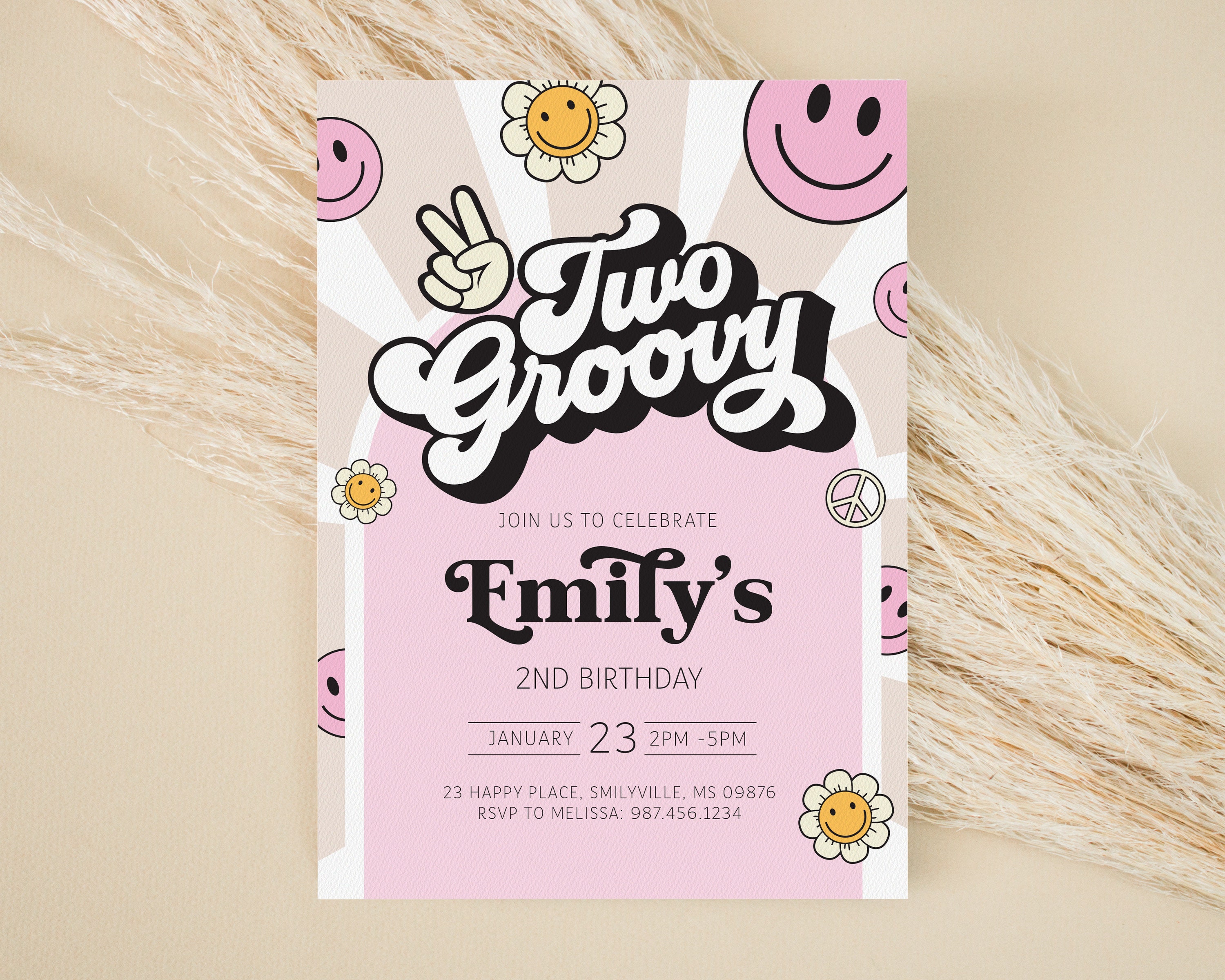 EDITABLE Two Groovy Retro Pink Smiley Face Birthday Welcome Poster - Retro Groovy Daisy Flower ...